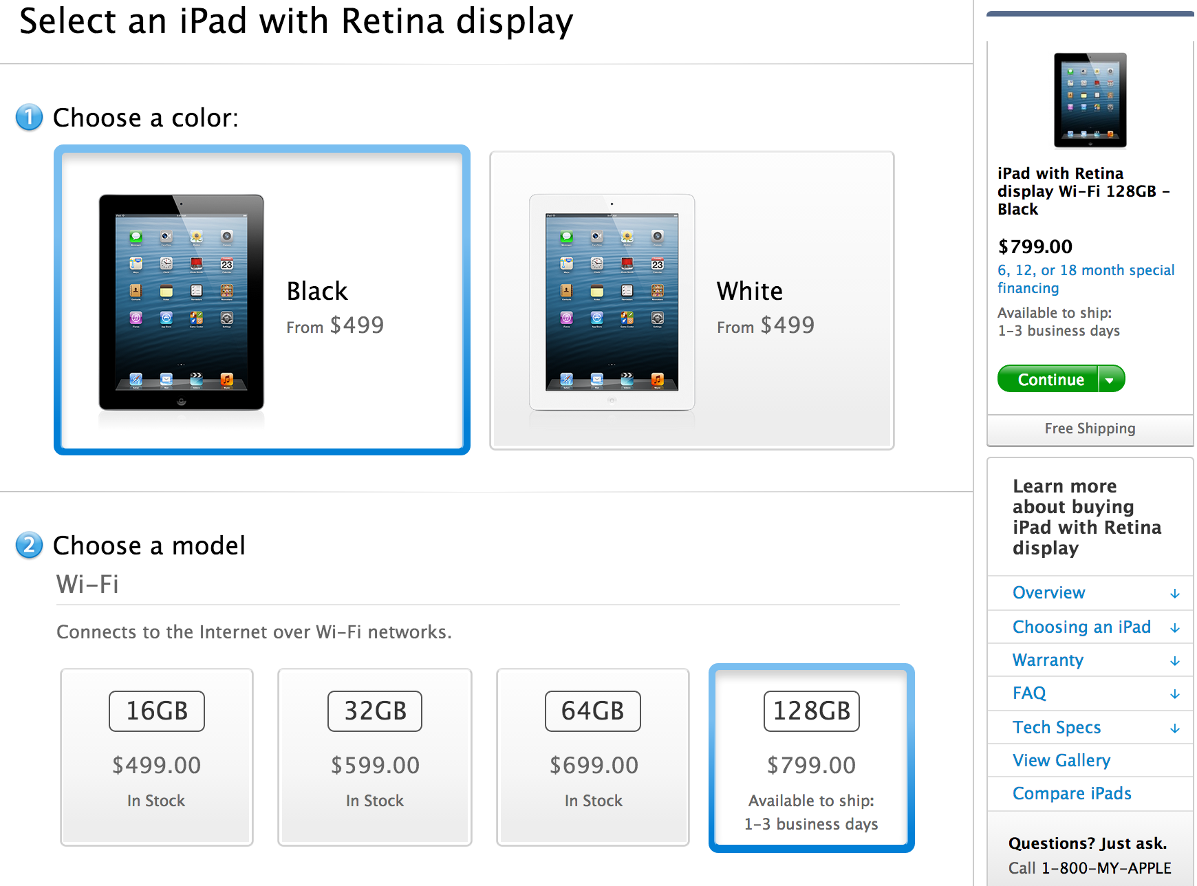 128GB Retina iPads hit the Apple Store with 1-5 day ship times. $799 for Wifi and $929 for LTE ...