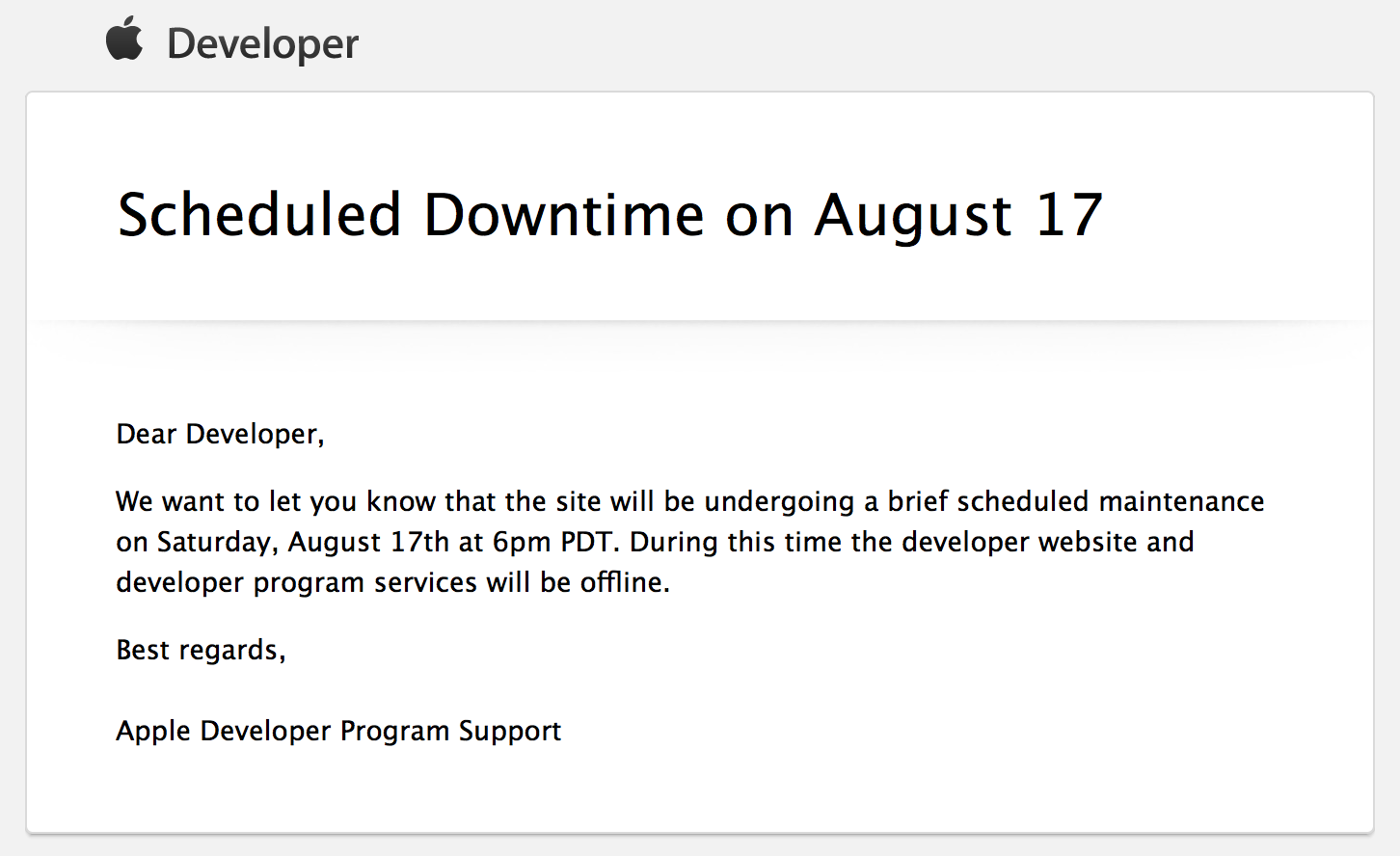 Apple says developer website will go offline for 'brief scheduled ...
