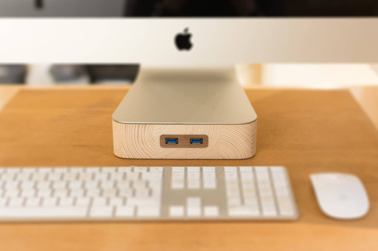 Woodster iMac stand packs in 2 USB ports in a solid chunk of birch or ...
