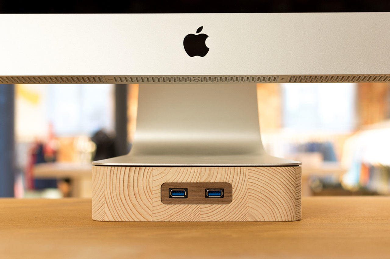 Woodster iMac stand packs in 2 USB ports in a solid chunk of birch or ...