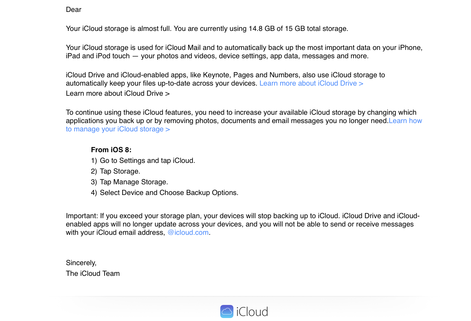 iCloud storage warning emails already referencing iOS 8 & iCloud Drive ...