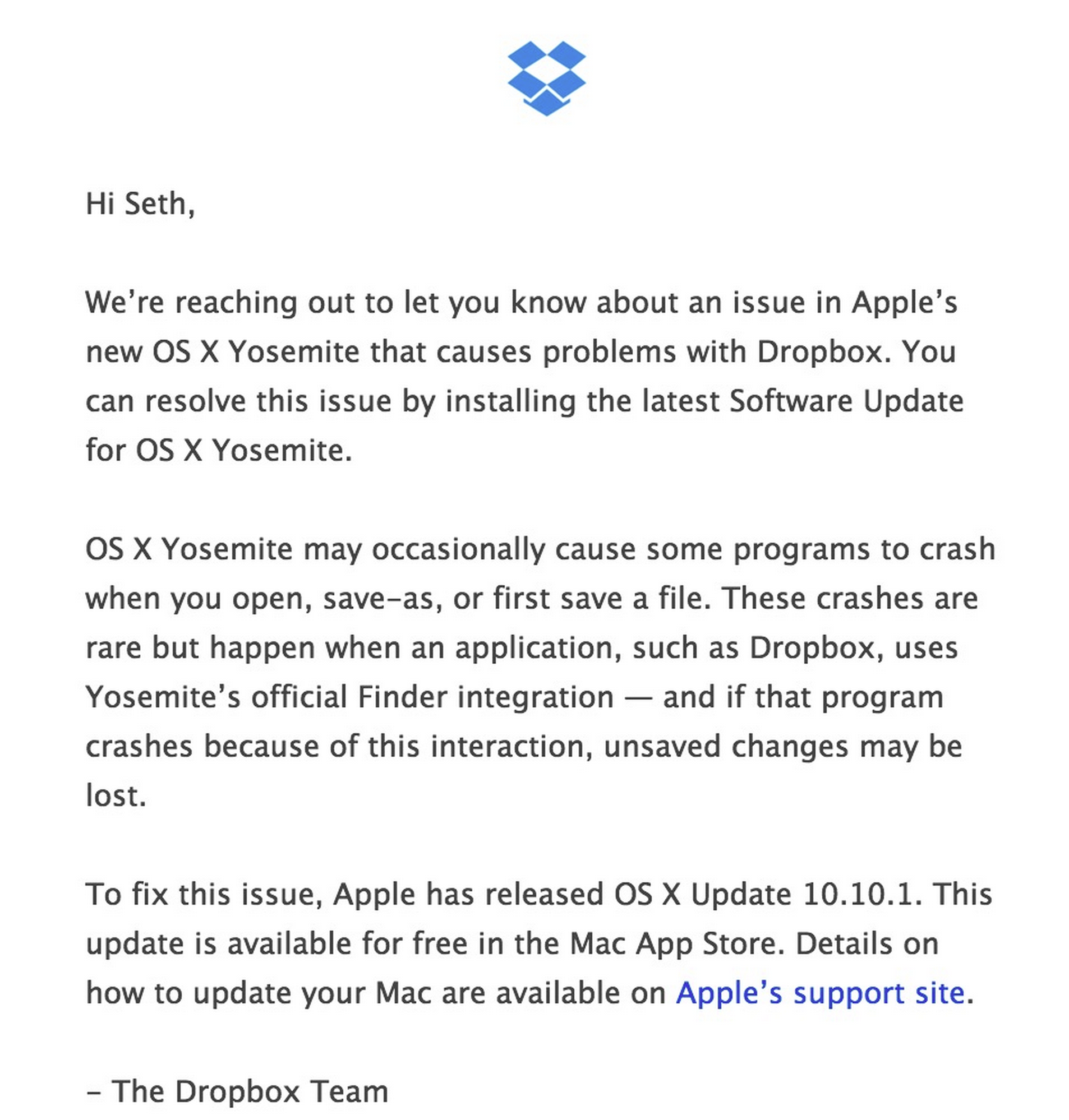 Dropbox says this week’s OS X 10.10.1 release fixes crashes on Yosemite ...