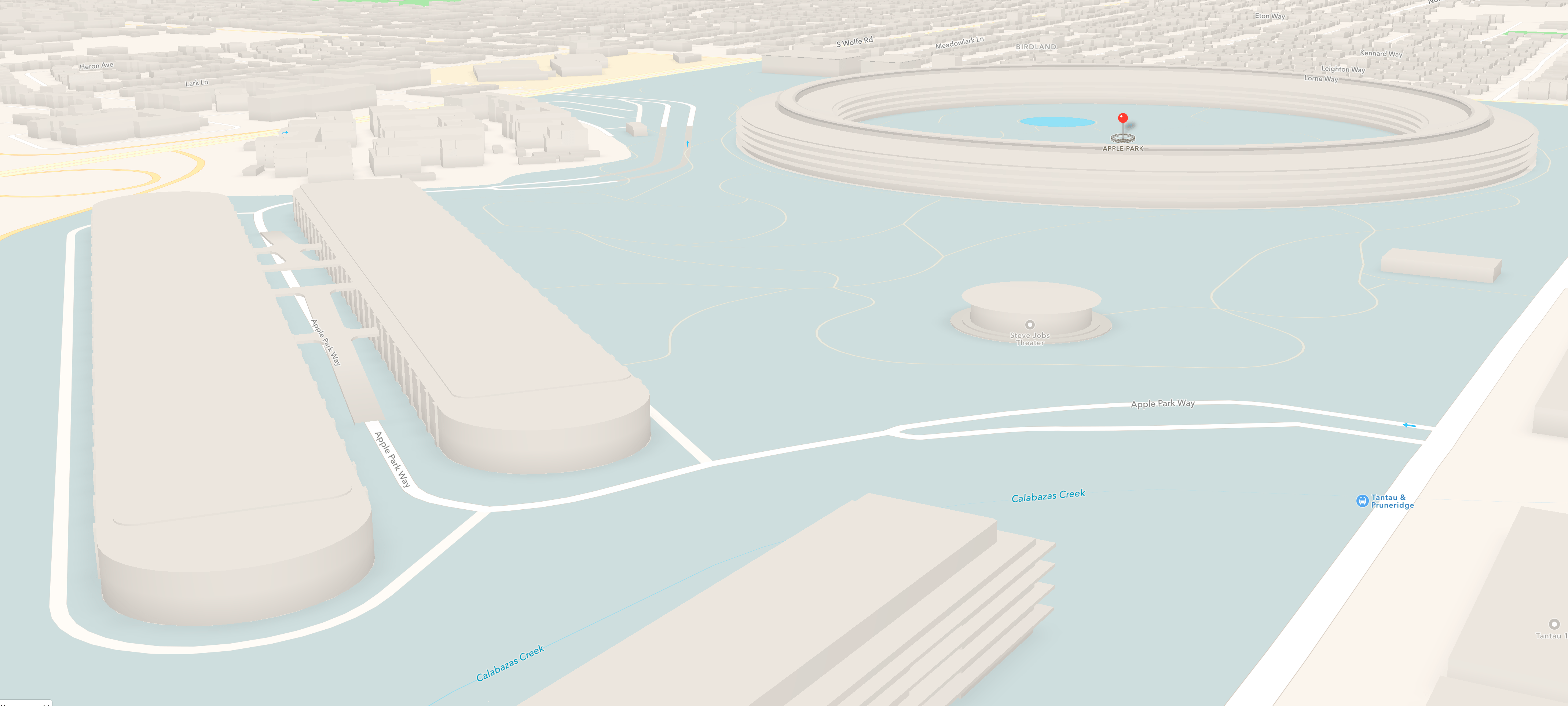 Apple Maps 3D images of Apple Park show buildings, walkways & fountain ...