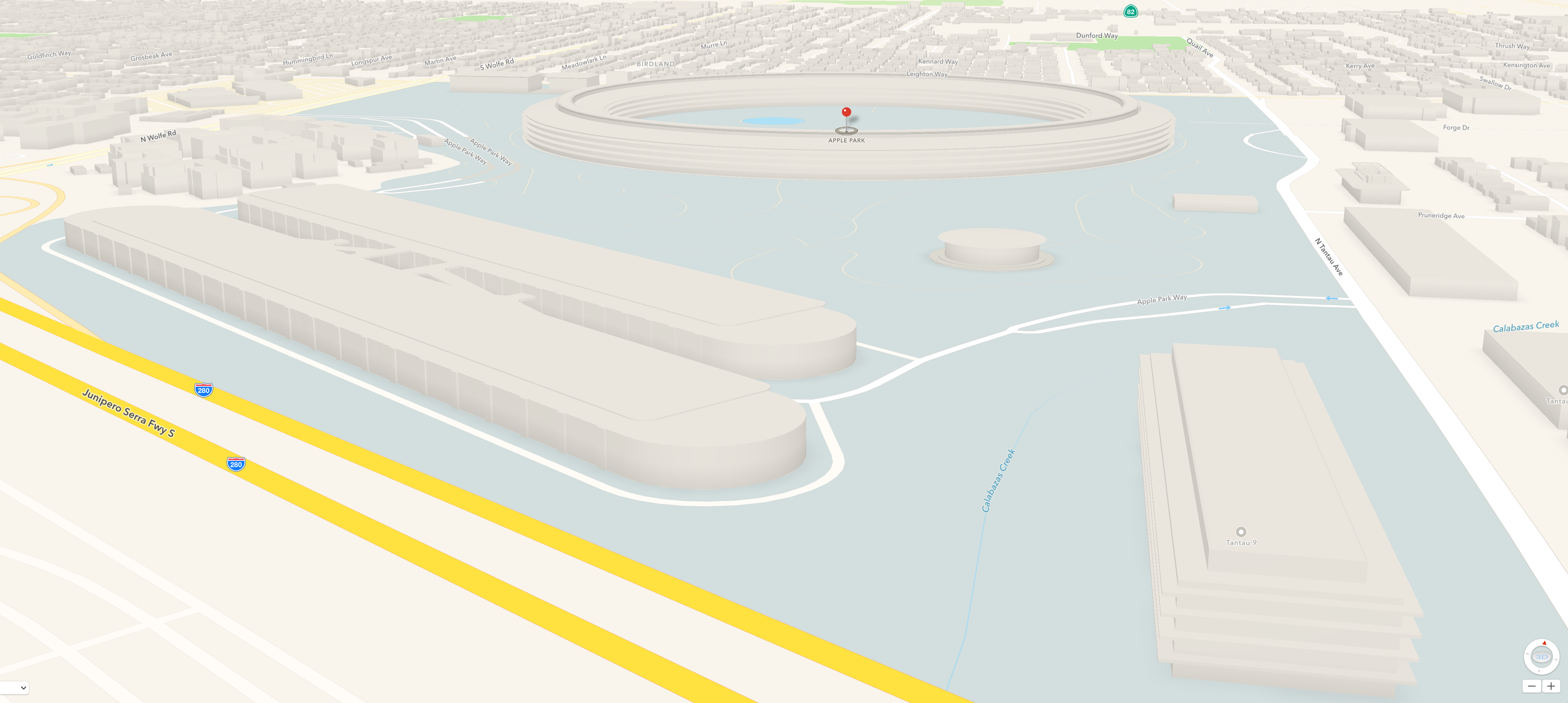 Apple Maps 3D images of Apple Park show buildings, walkways & fountain ...