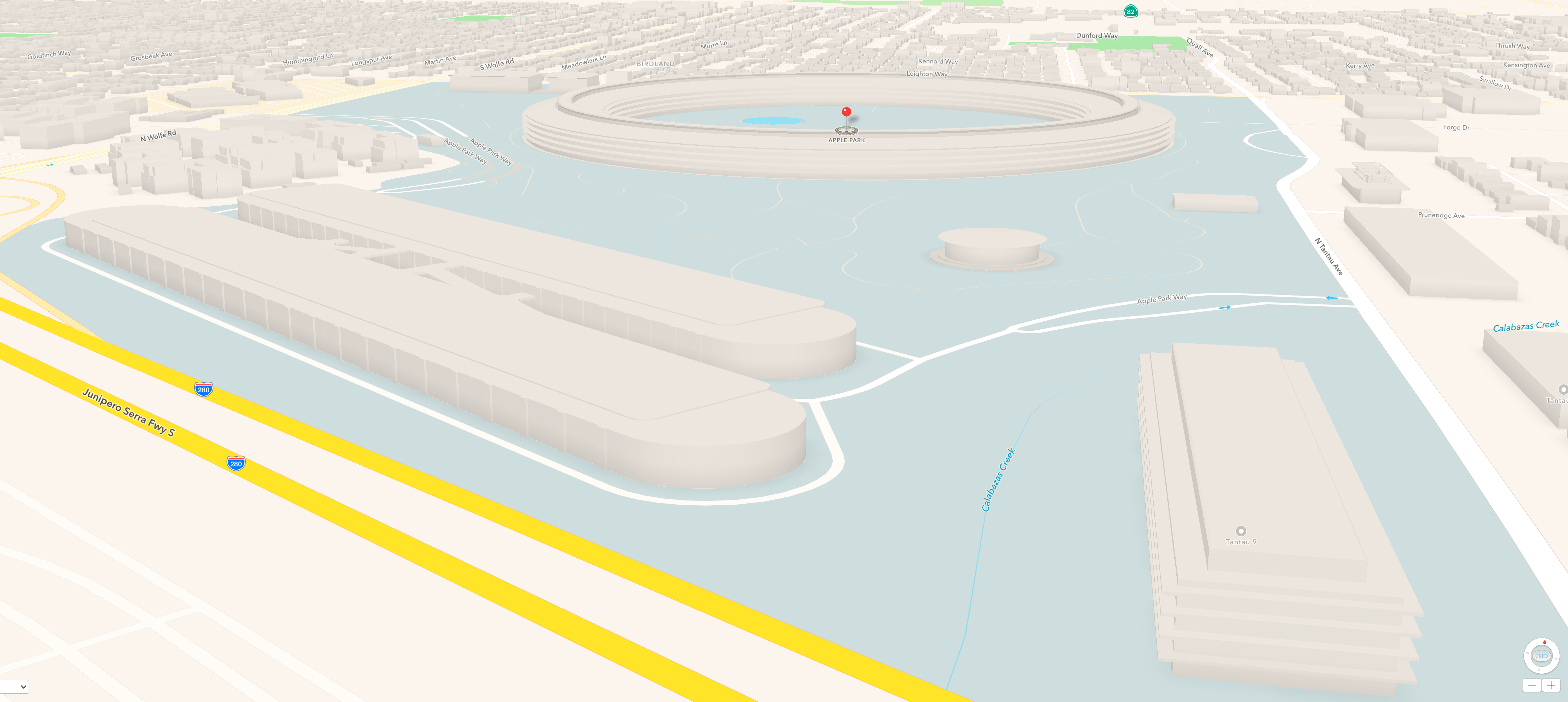 Apple Maps 3D images of Apple Park show buildings, walkways & fountain ...
