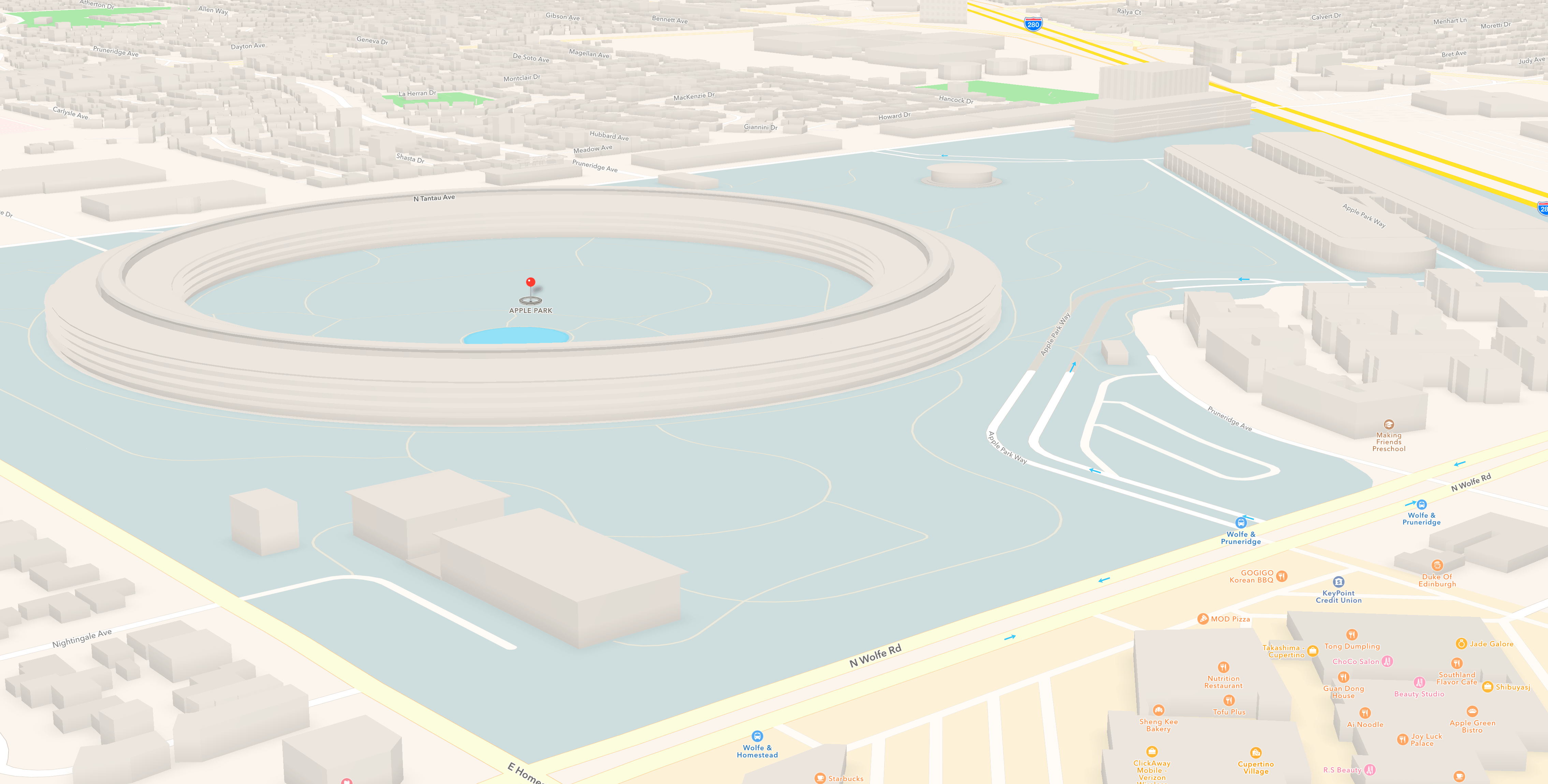 Apple Maps 3D images of Apple Park show buildings, walkways & fountain ...