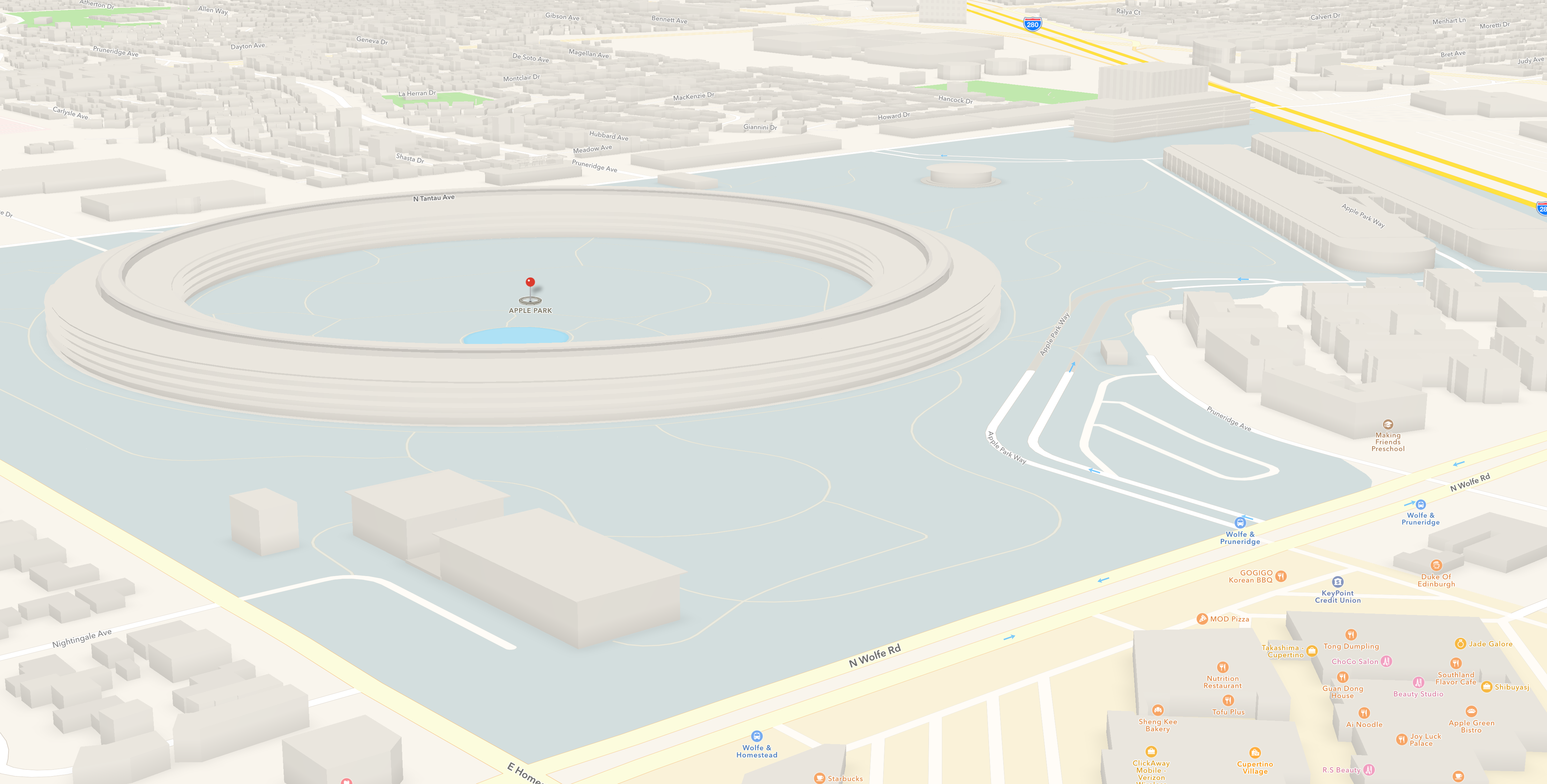 Apple Maps 3D images of Apple Park show buildings, walkways & fountain ...