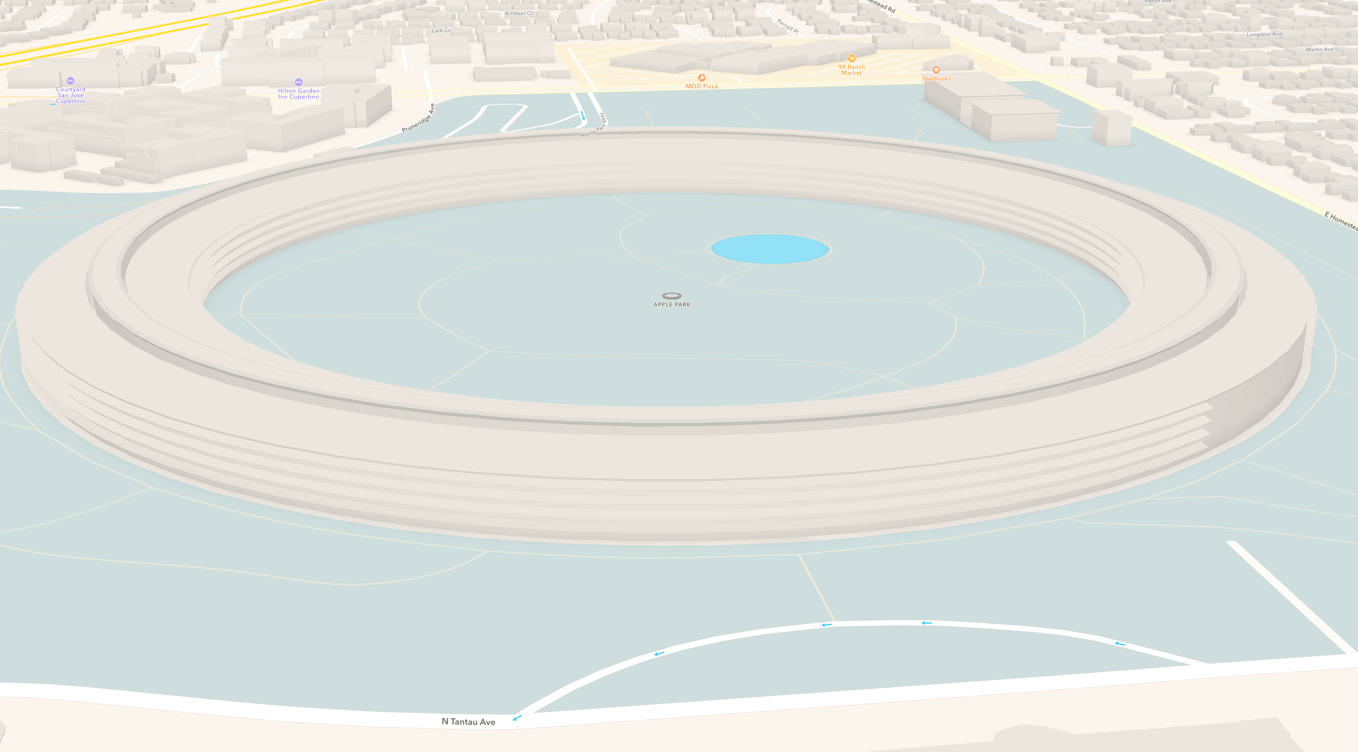 Apple Maps 3D images of Apple Park show buildings, walkways & fountain ...